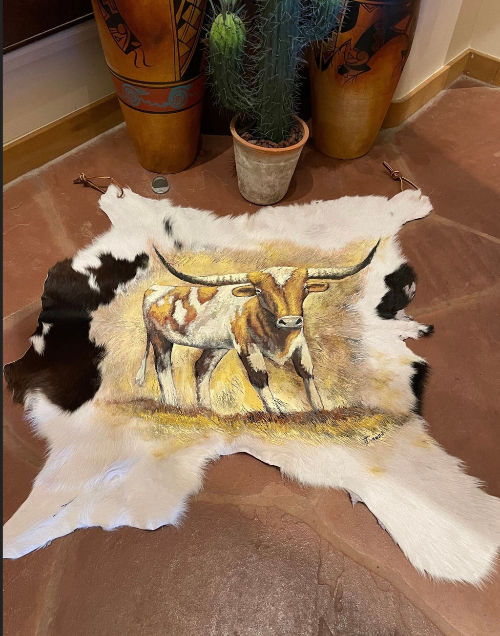Hand painted on a goat hide LONGHORN wall decor – Southwest Bedazzle