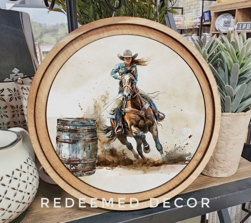 8” round Wood barrel racer art – Southwest Bedazzle
