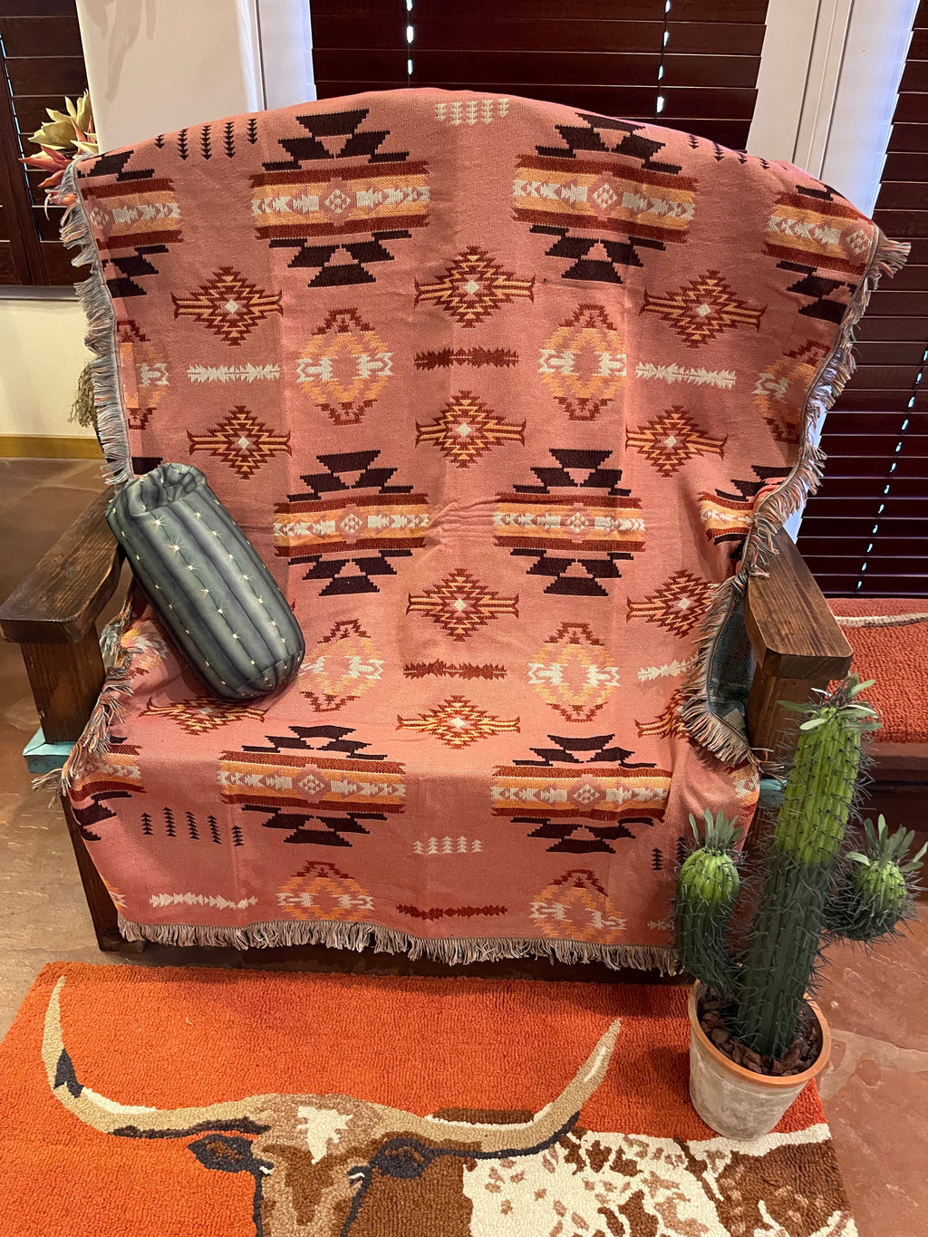 Dusty Coral WESTERN Aztec Woven TAPESTRY blanket – Southwest Bedazzle
